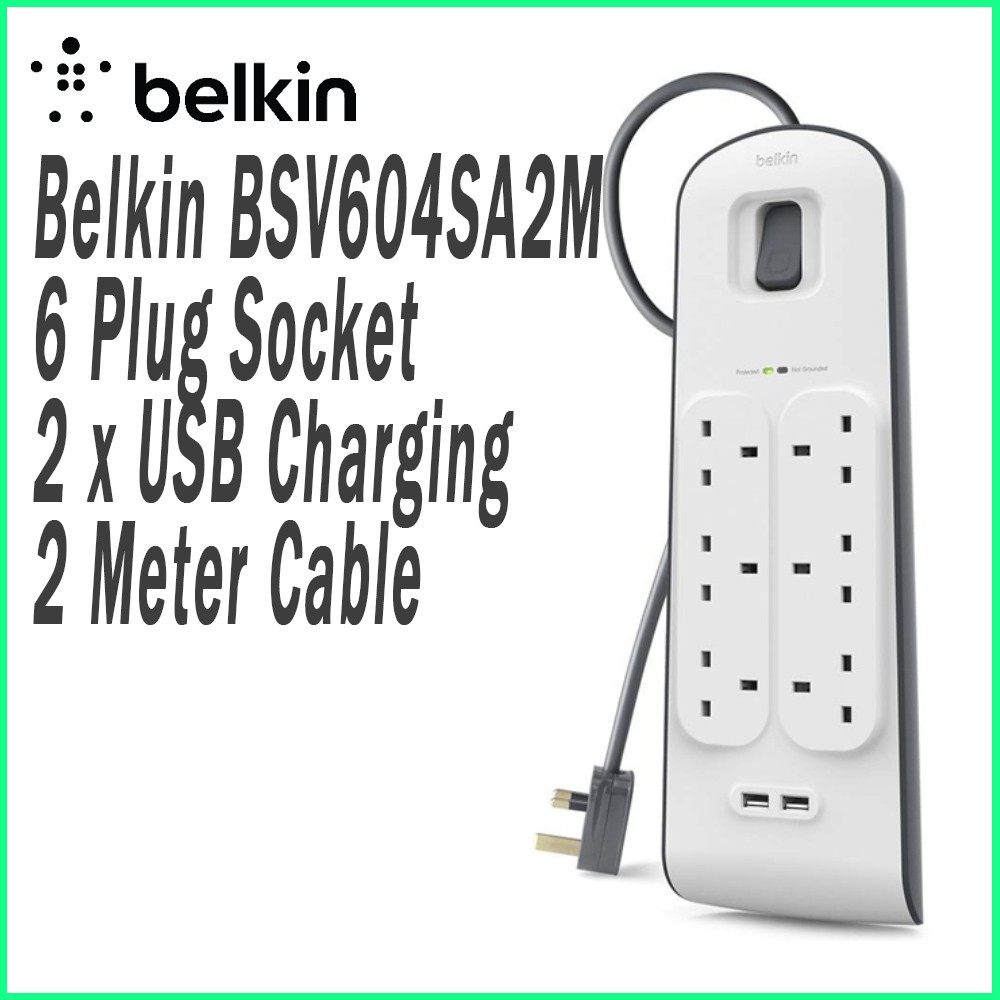 BELKIN SURGE PROTECTOR 6-PLUGS WITH 2-USB 2.1A 2M EXTENSION SOCKET ...