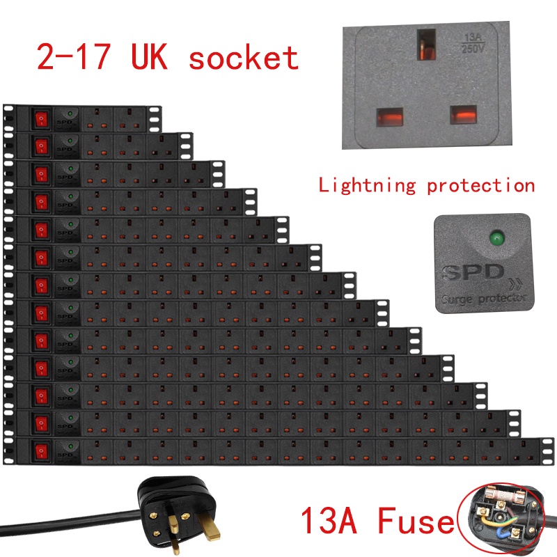 PDU Power Strip surge protection 2-17 Way UK 3 PIN PLUG Socket 13A overload protection (Extended ...