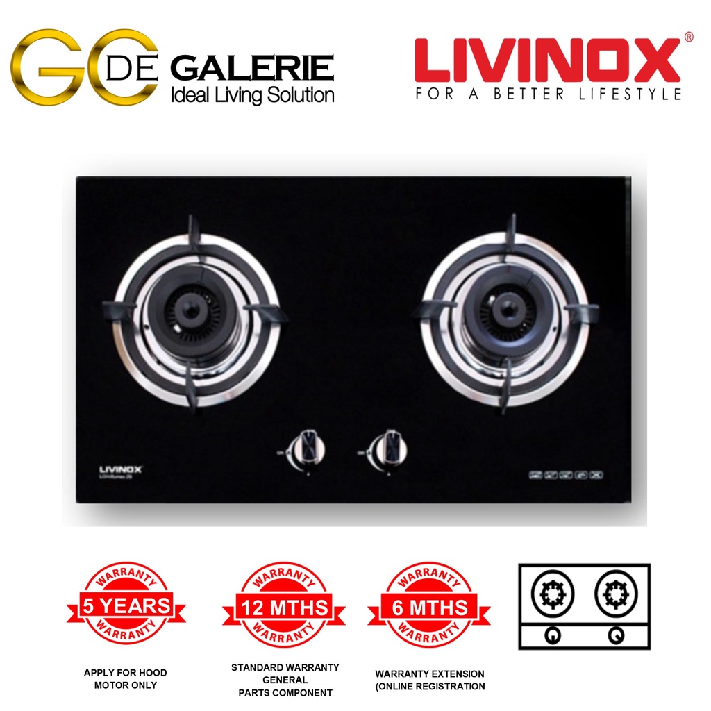 LIVINOX HOB LGH-RUMEX 2B-BL 2 BURNER BUILT IN SFTY DEVICE BK TEMPERED ...