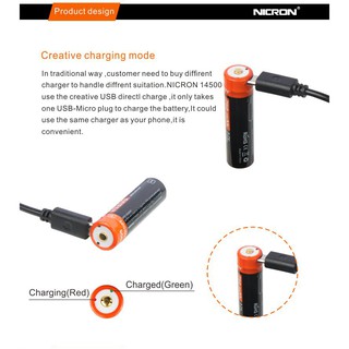 Nicron High Capacity 14500 Battery USB-14500 Li-ion Battery (900mAh/3 ...