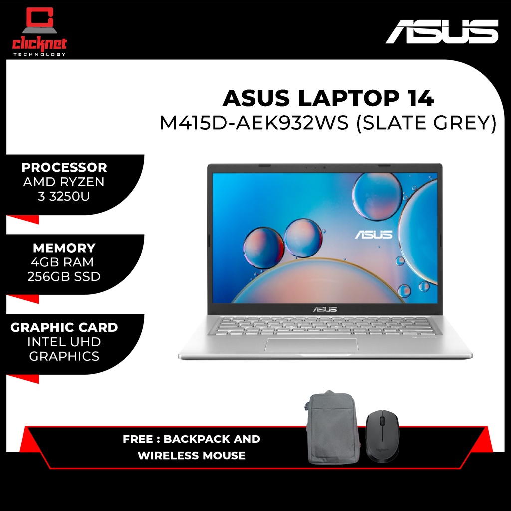ASUS LAPTOP M415D-AEK932WS/AEK933WS (R3-3250U, 4GB, 256GB SSD, 14.0 ...