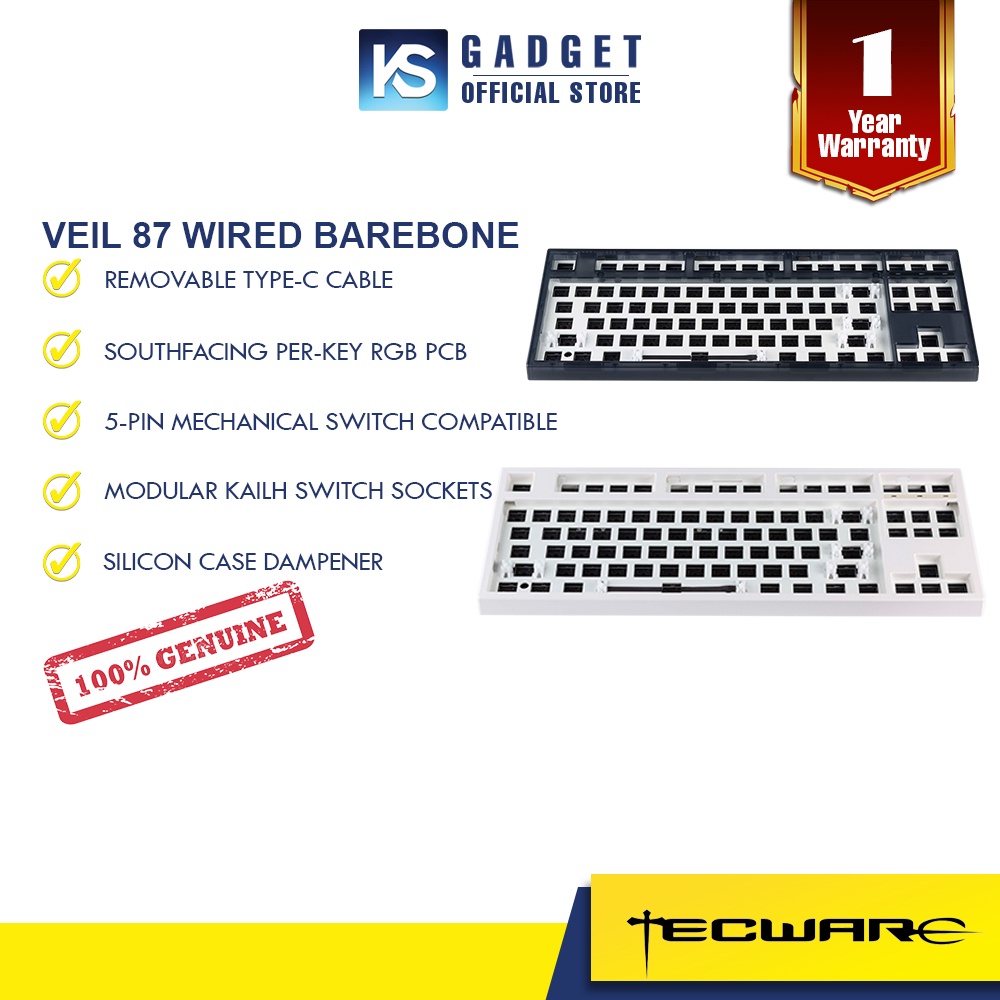 Tecware Veil 87 Barebone Wired Mechanical Keyboard - (White/Smokey ...