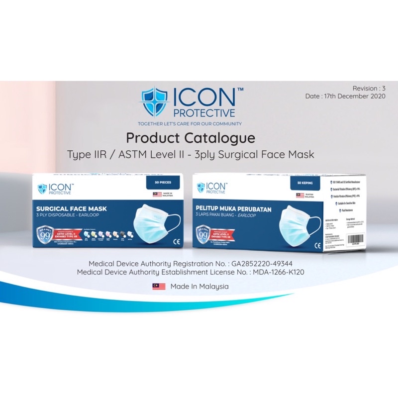 ICON 3ply SURGICAL FACE MASK ASTM Level 2 (BFE & PFE 99%)*(Ear Loop ...