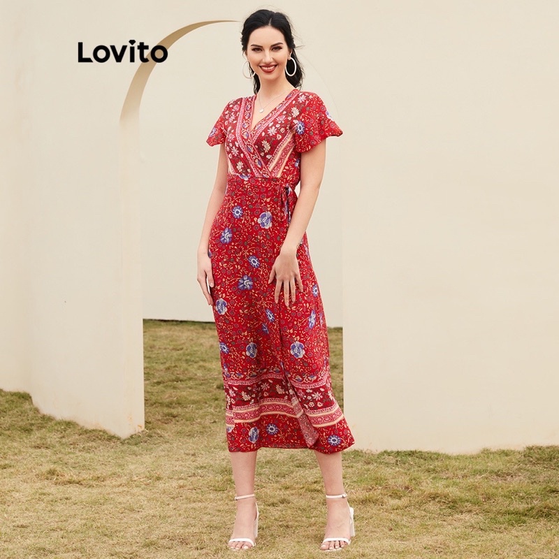 Lovito Boho V-neck Nation Prints Split Slim Fit Red Dress Wrap Dress ...