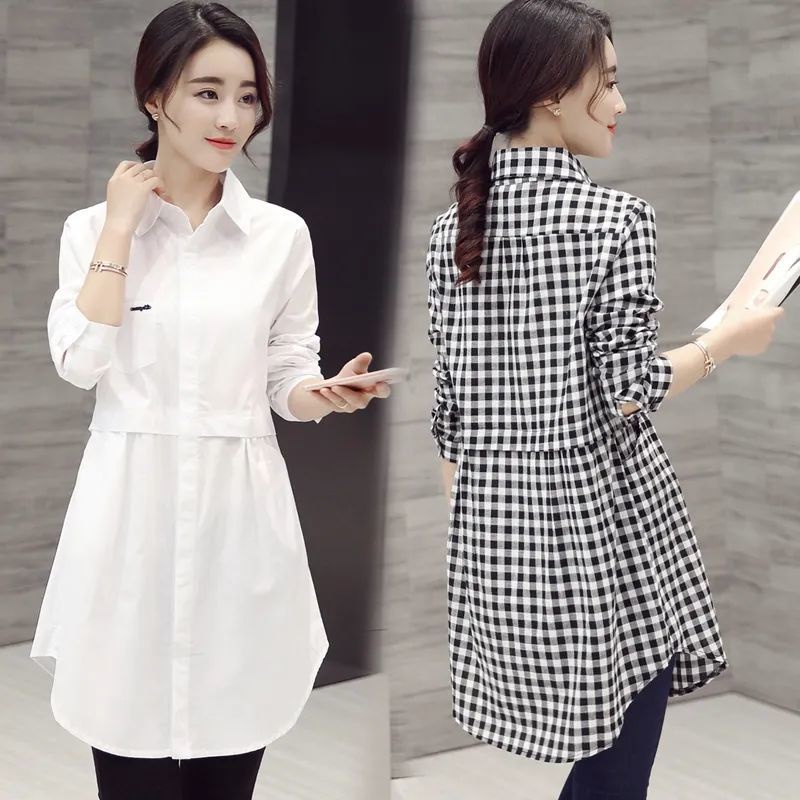 Women Plaid Blouse Long Sleeves Lapel Loose Plus Size Mid Length Blouse ...