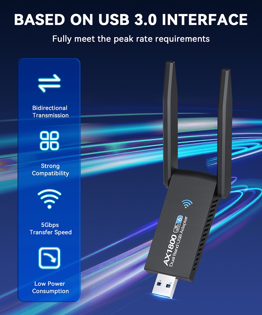1800M USB WIFI 6 Adapter Dual Antenna 1300M Network Card AX1800 Dual Band 2.4G 5G WiFi Adapter ...