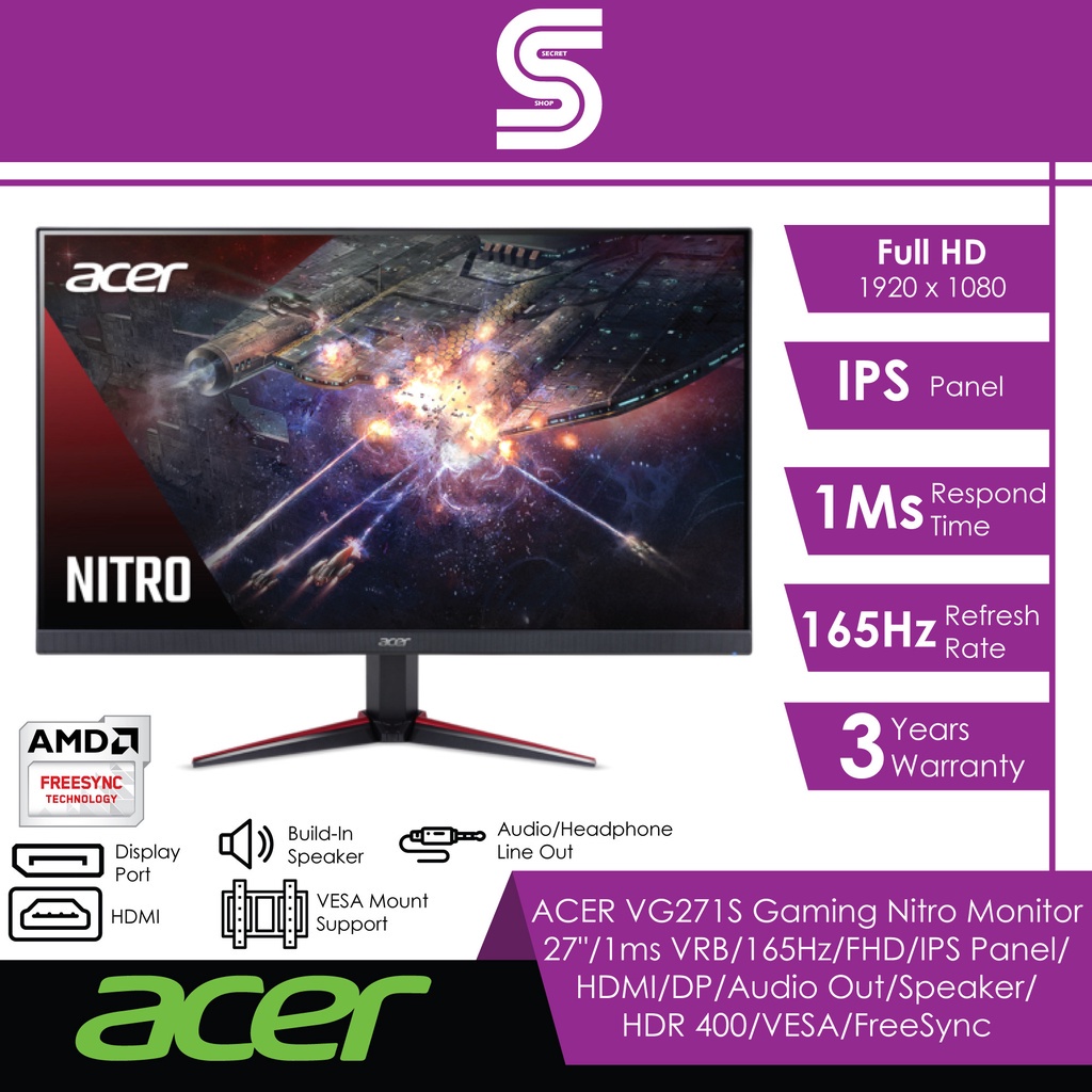 ACER VG271S Gaming Nitro Monitor 27"/1ms VRB/165Hz/FHD/IPS Panel/HDMI ...
