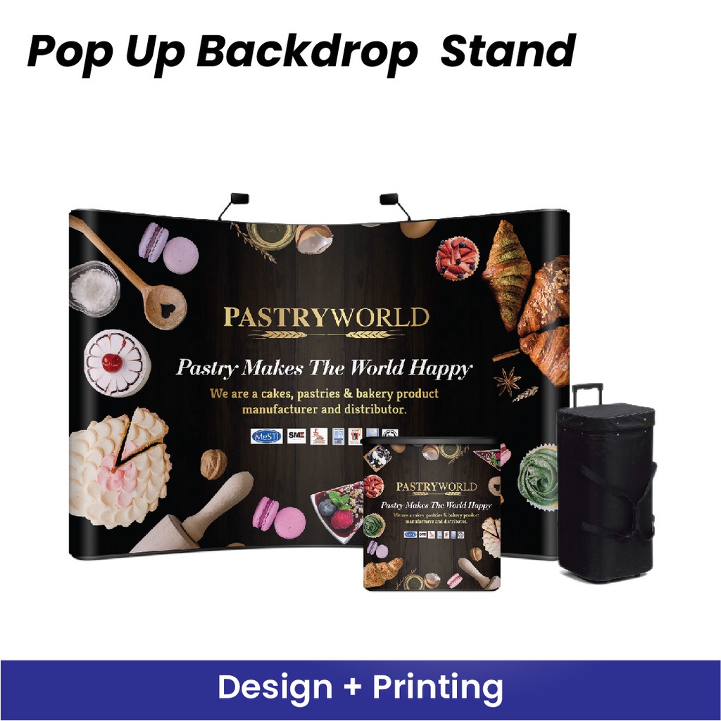 3 x 3 Pop Up Backdrop Stand With Printing + 2 Spot Light + 1 Trolley ...