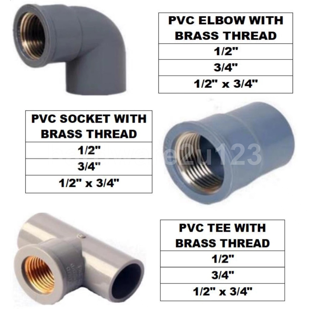 PVC P/T Socket, Tee, Elbow PVC Pipe Fitting With Brass Thread | Shopee Malaysia