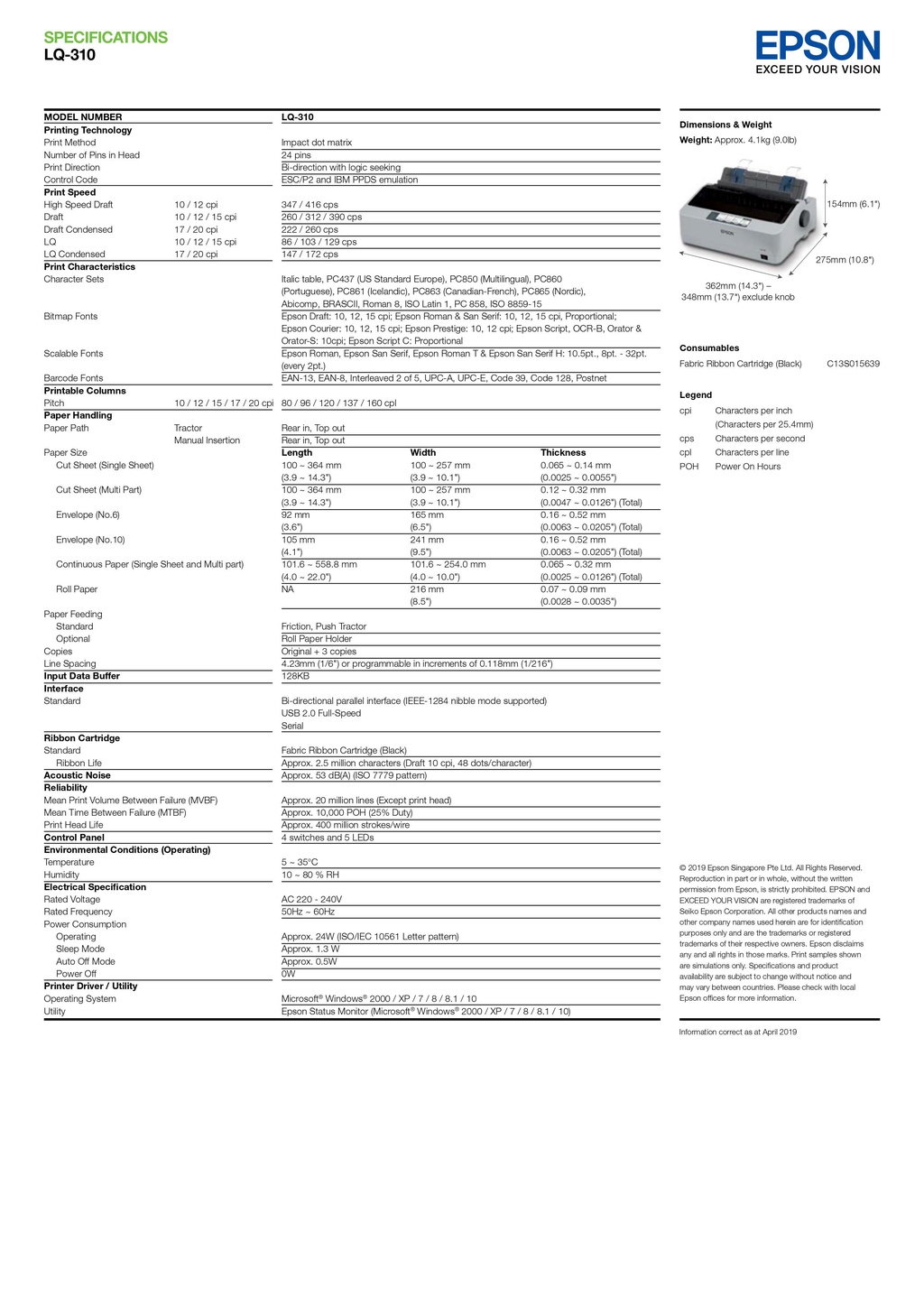 Epson LQ-310 Dot Matrix Printer with High Processing Speed, Fast ...