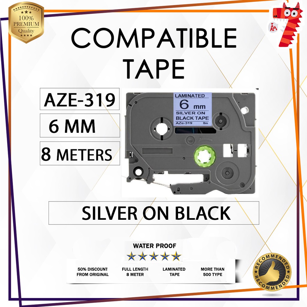(READY STOCK) Compatible Tze-319 6mm Silver on Black Tape Label ...