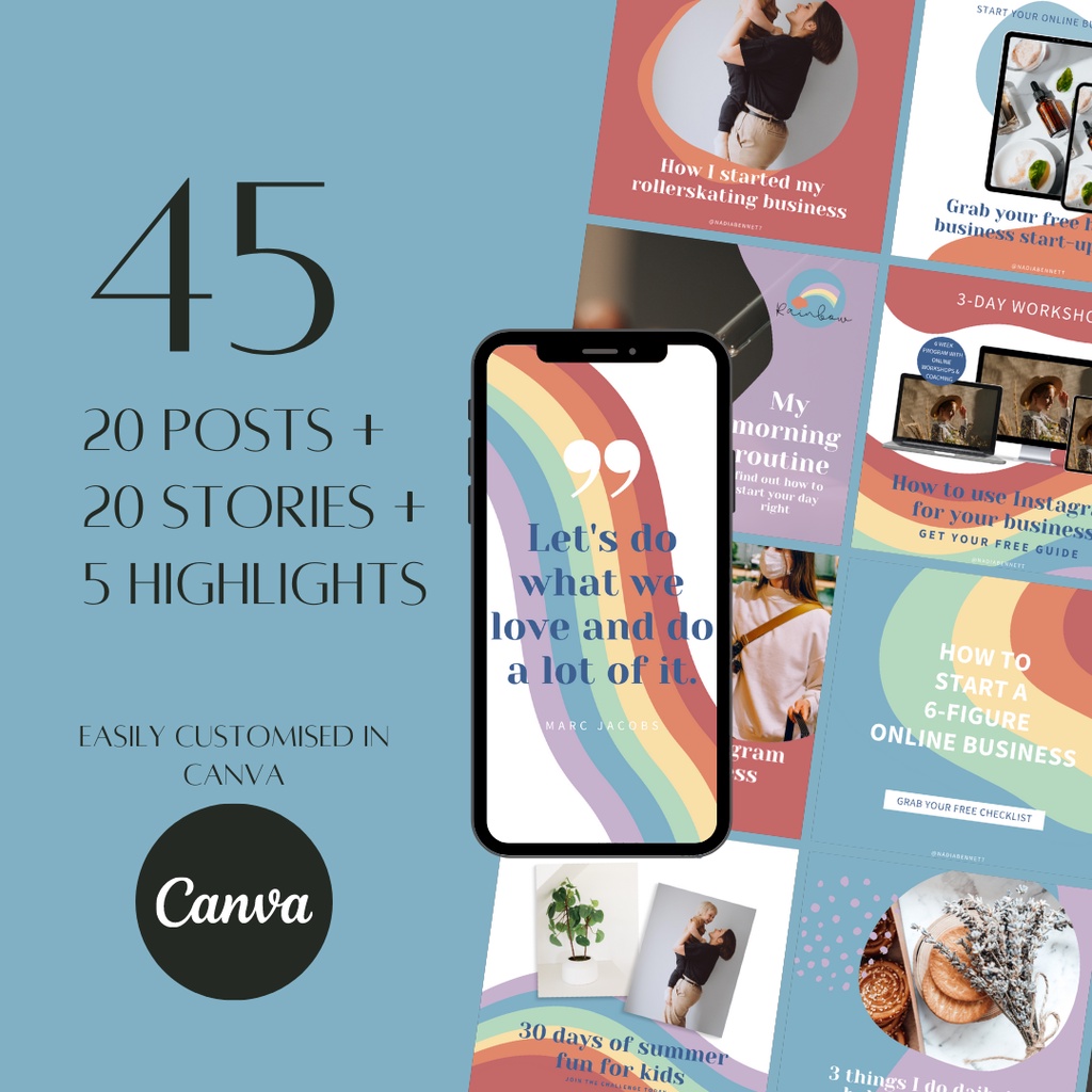 45 Social Media Canva RAINBOW Instagram Branding Package Templates | 20 ...
