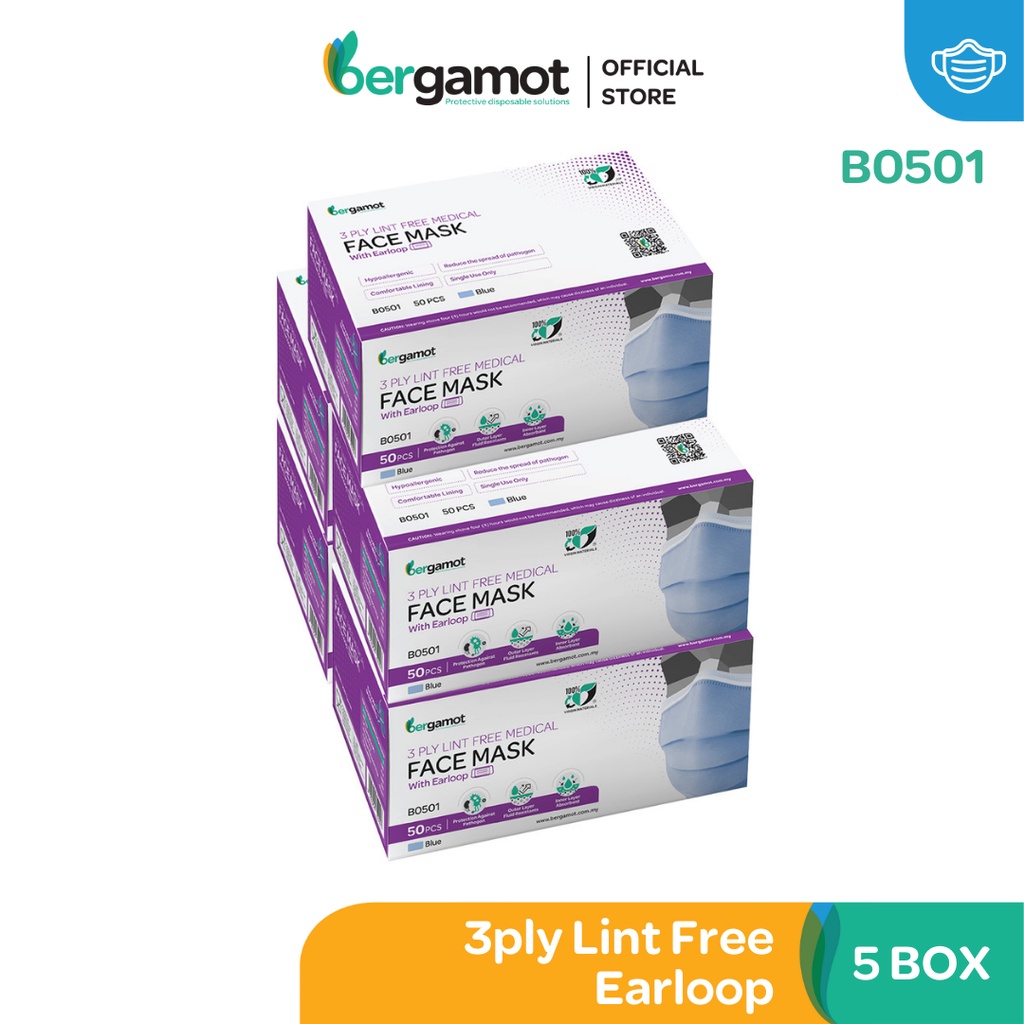 [EARLOOP] Bergamot 3 Ply Lint-Free Medical Face Mask Earloop (5 x 50's ...