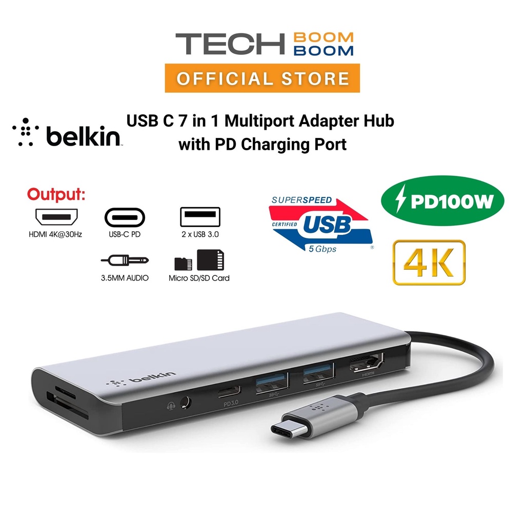 Belkin USB C Hub, 7-in-1 MultiPort Adapter Dock with 4K HDMI, USB-C ...