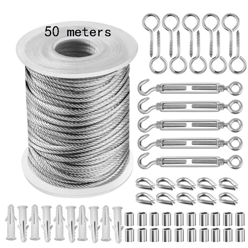 55pcs/set 50 Meter 2mm Steel PVC Coated Flexible Wire Soft Cable Transparent Stainless Steel ...