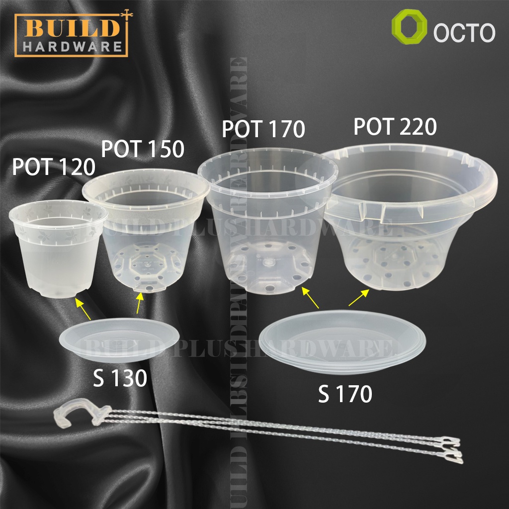 OCTO Plastic Plant Flower Pot Transparent 120/150/170/220 Saucer Hanger ...