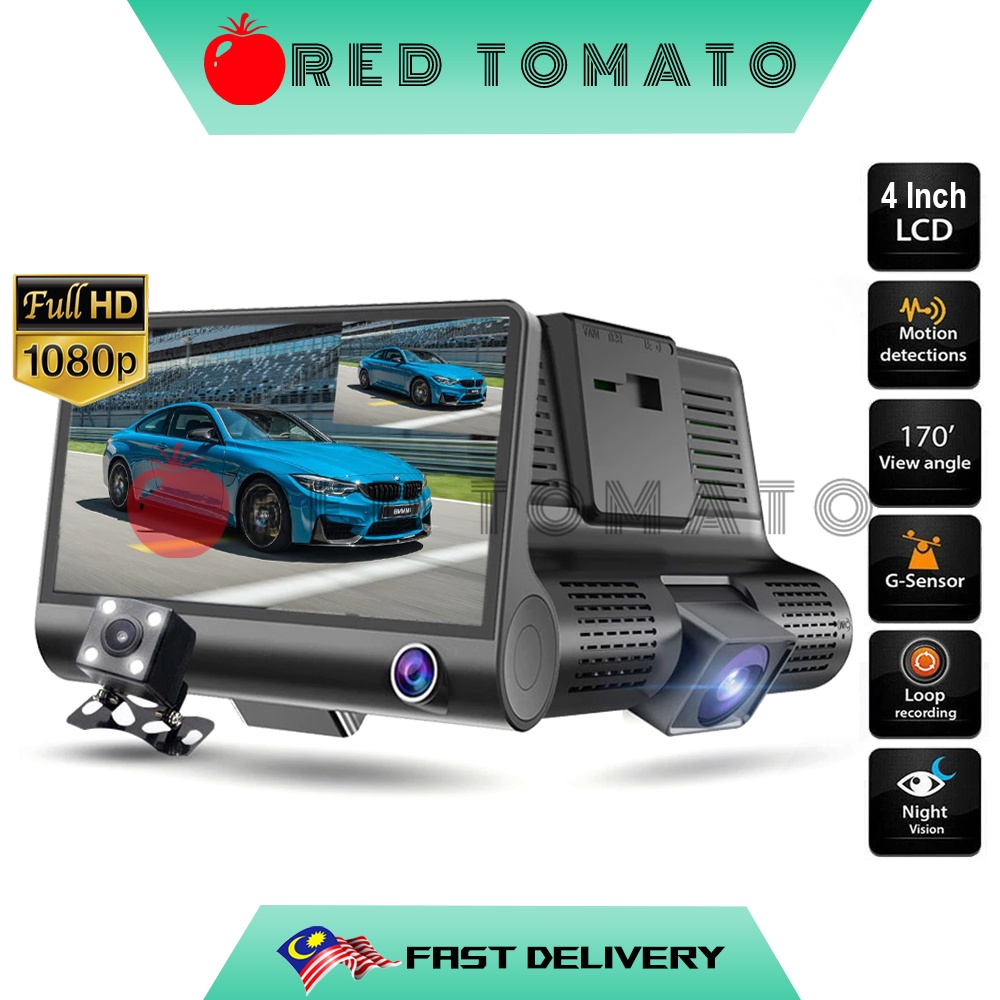 RED TOMATO 1080P Full HD 3 Lens Car Camera DVR Dash Cam 170 Wide Angle ...
