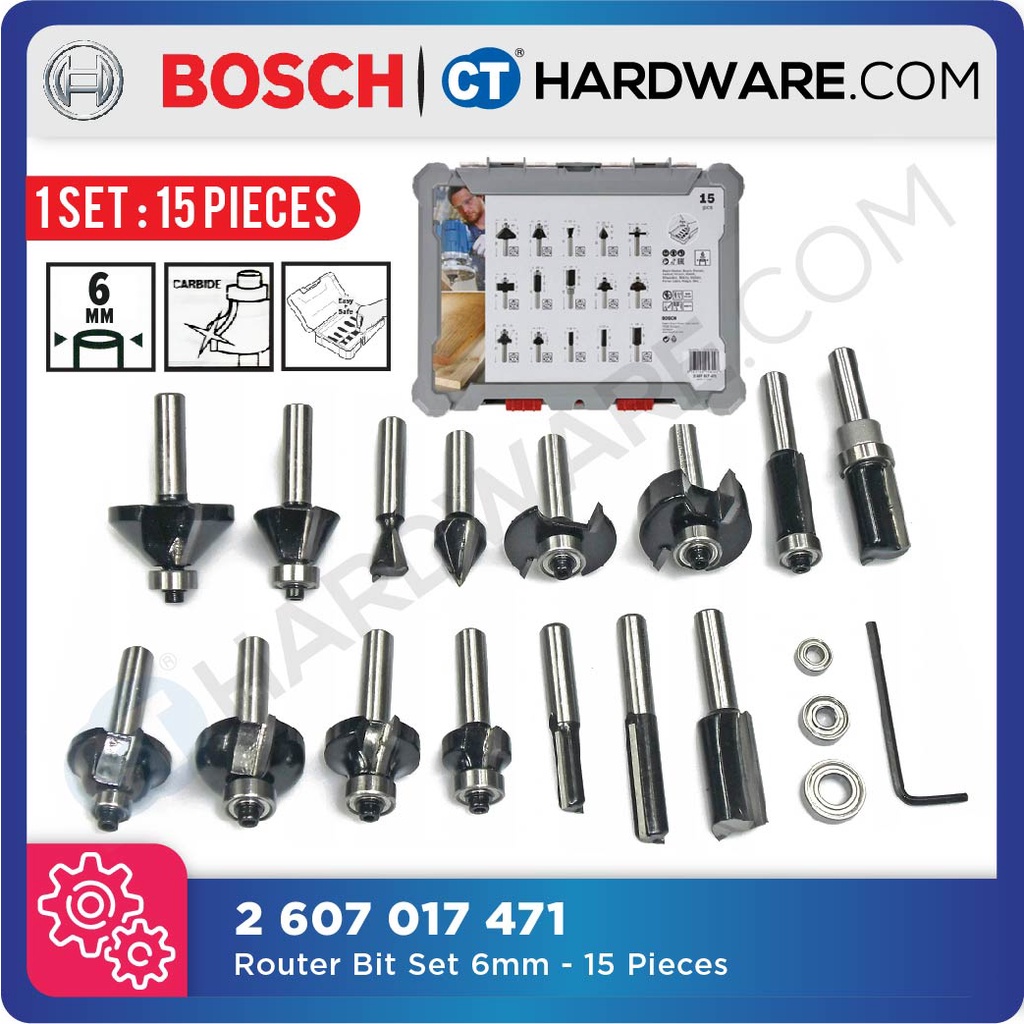 BOSCH 2607017471 [ 15 PIECES ] 6MM STRAIGHT ROUTER BIT SET FOR GROOVING ...