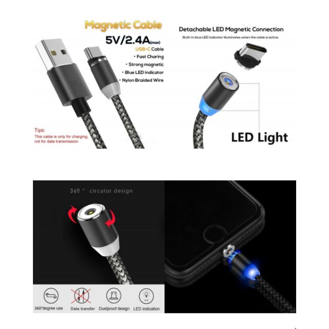 🇲🇾 1m 2.4A Magnetic Type C 360 Round Fast Charger USB Cable With LED Light for iPhone Android ...