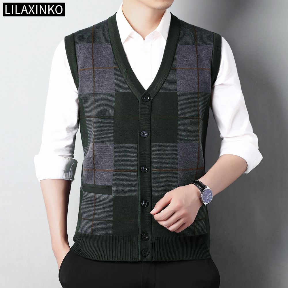 5 Color Men Vest Sleeveless Sweater Knit V Neck Checkered Plaid Striped ...