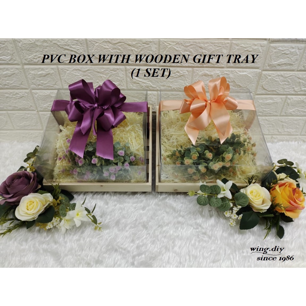 PVC TRANSPARENT BOX WITH WOODEN GIFT TRAY FOR MULTIPURPOSE (1 SET ...