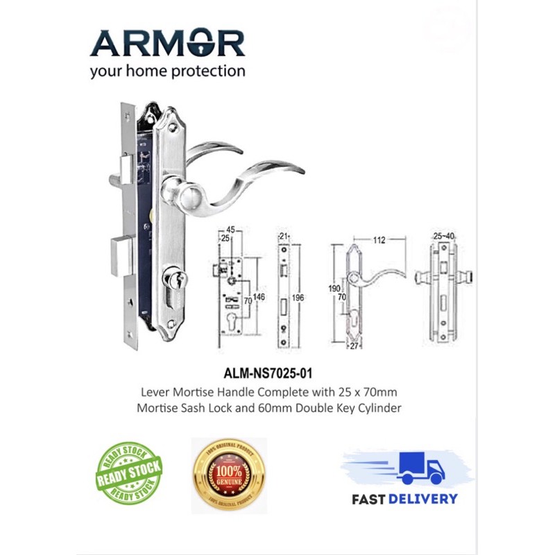 Armor NS7025 lever handle mortise lock for grill / Kunci Pintu Besi ...