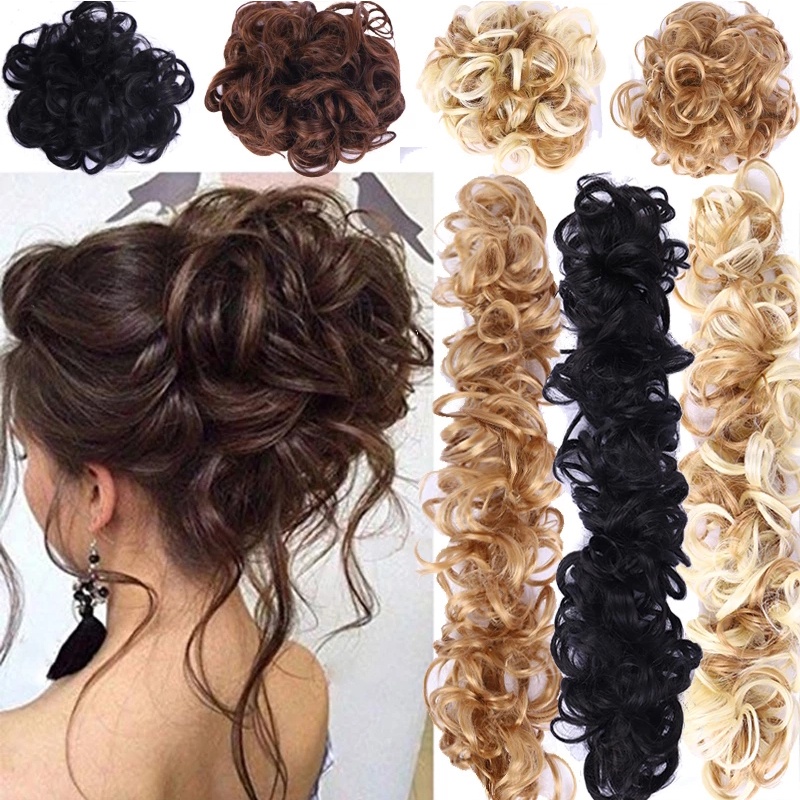 Wigs Synthetic Bun Messy Headband Hair Extensions Women Wavy Bun Long ...