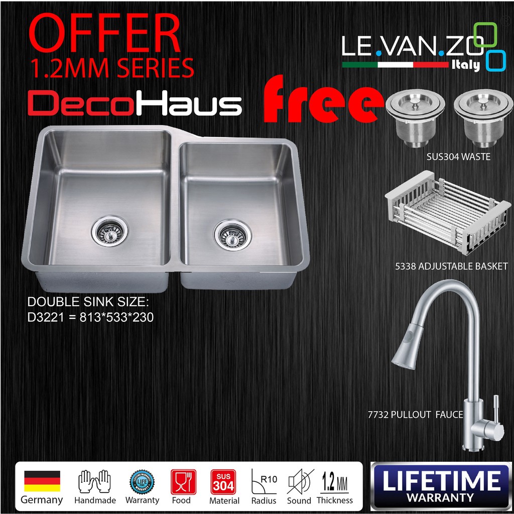 LEVANZO SUS304 KITCHEN SINK D3221 = 813*533*230*1.2MM | Shopee Malaysia