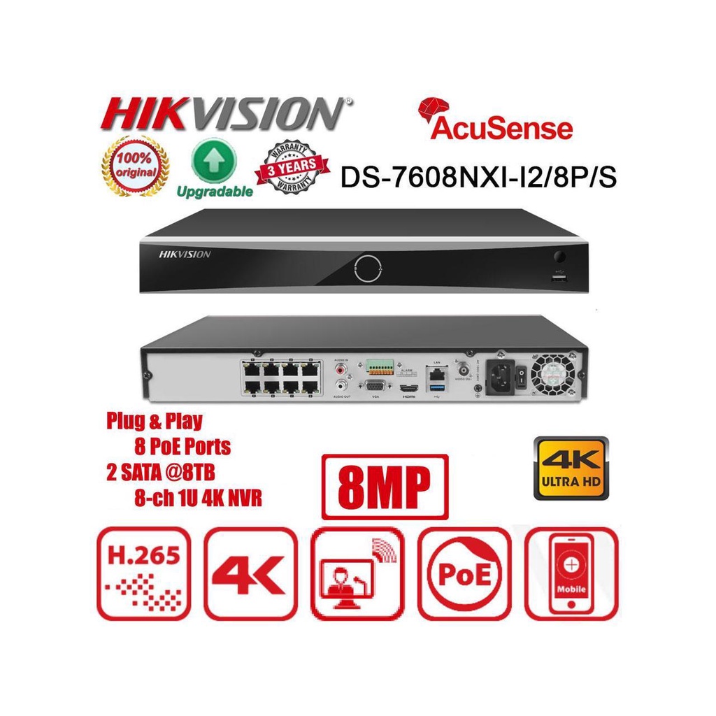 Hikvision DS-7608NXI-K2/8P 8 Channel 4K 8MP 8x POE IP Network CCTV NVR Security Recorder - 4K ...
