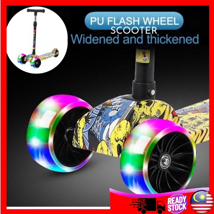 Kids Scooter Foldable Adjustable Height Cartoon Tri Wheels Kick Flash ...