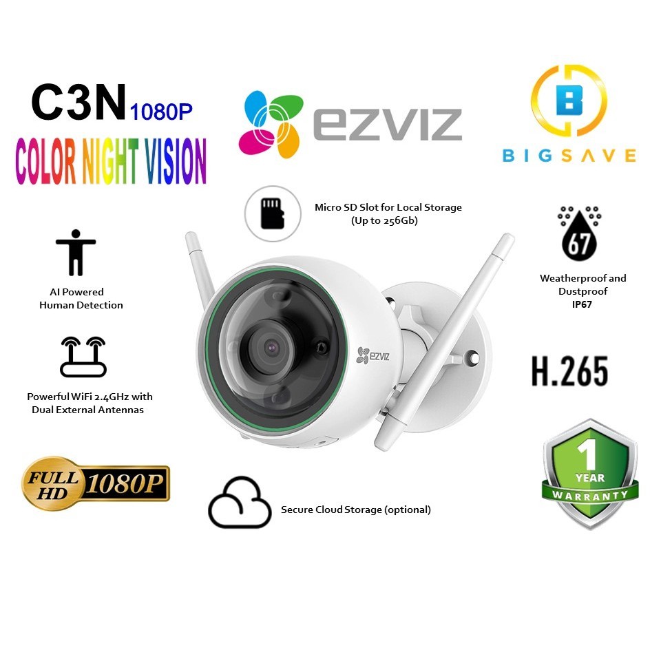 EZVIZ 2MP C3N CS-C3N-A0-3H2WFRL COLOR NIGHT VISION OUTDOOR SMART WIFI ...