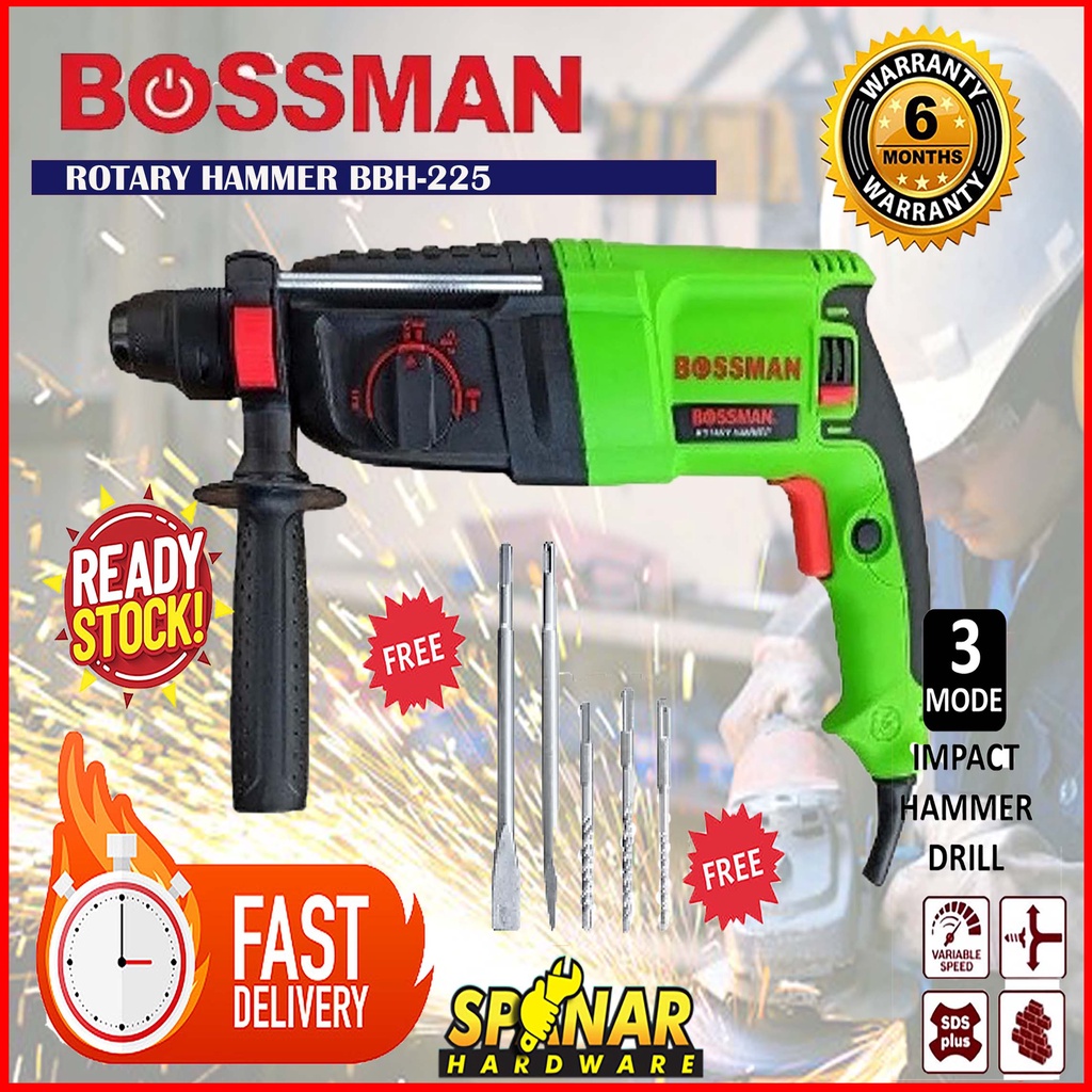 BOSSMAN 900W BBH-225 3 MODE ROTARY HAMMER SET 900WATT 26MM HAMMER ...