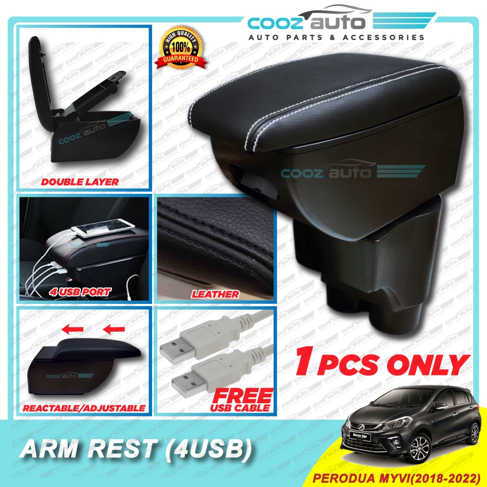 Armrest Double Layer Arm Rest 4 USB Console Black Leather Myvi Axia ...