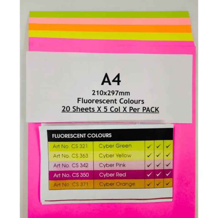 A4 Multipurpose Fluorescent Colour Paper 80gsm (1pack - 20sheets X 5 ...