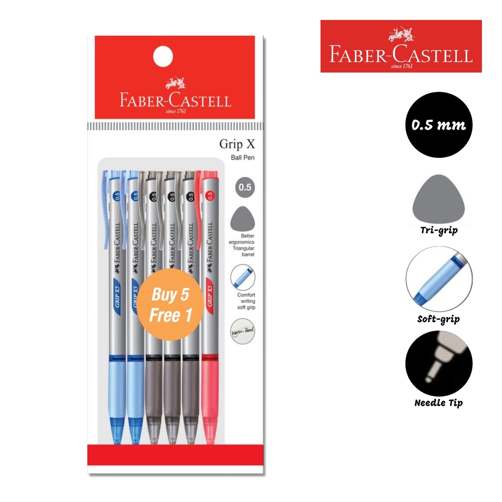 Faber-Castell | Ball Pen | Grip X5 Ball Pen ~ 3 Black, 2 Blue, 1 Red ...