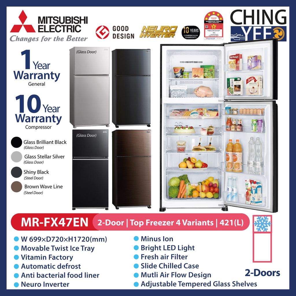 Mitsubishi MR-FX47EN 2-Door Top Freezer 421L with Multi air flow with 5 ...