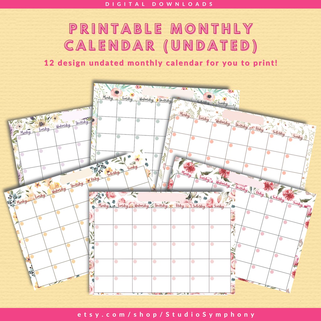 Printable Undated Monthly Calendar | Floral Watercolour Undated ...
