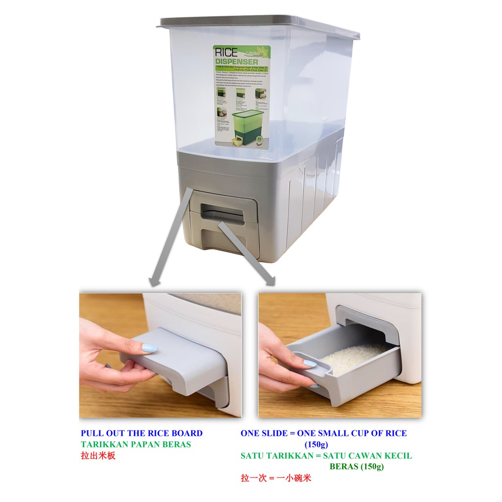 GREY COLOUR Medium Rice Dispenser, Rice Barrel, Rice Bucket Tong Bekas ...