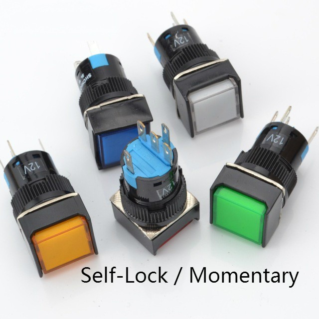 1 Pcs 5v /12V /24V/ 220v Self-Lock / Momentary 16mm Push Button Switch LED Lamp 5pin Square ...