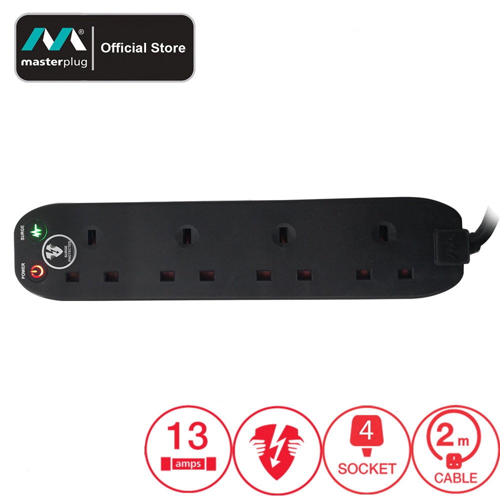 Masterplug Surge Protector 4 Gang 2 Meter Extension Leads Safety ...