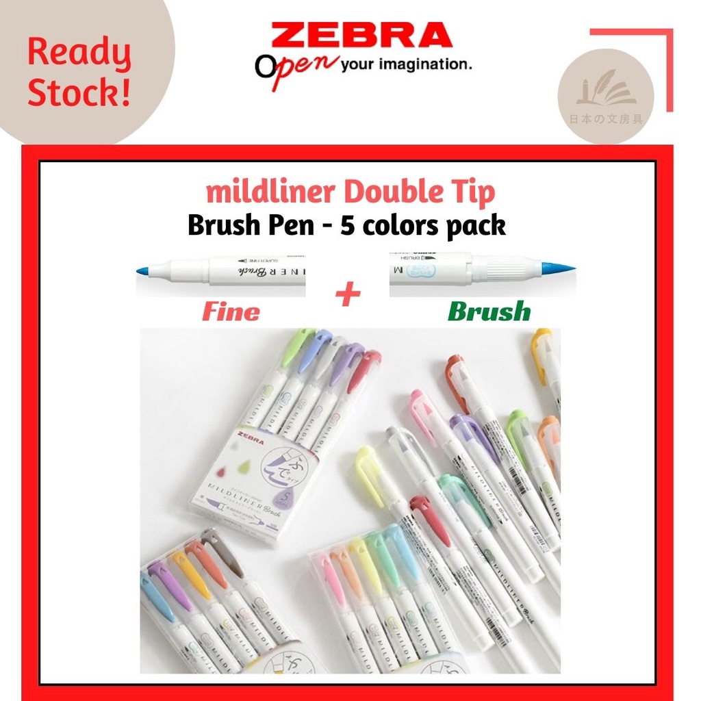 Zebra WFT8 Mildliner Double-Sided Highlighter Brush Pen - Brush / Extra Fine -5 Colors Pack ...