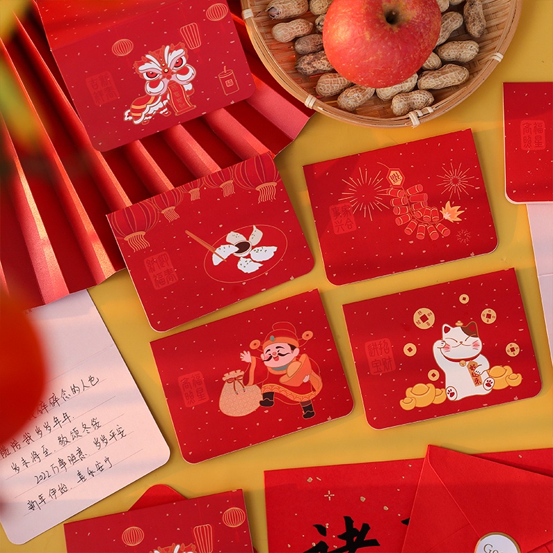 6 Pcs Simple Retro Chinese Red Greeting Cards New Year Wishes Card with ...