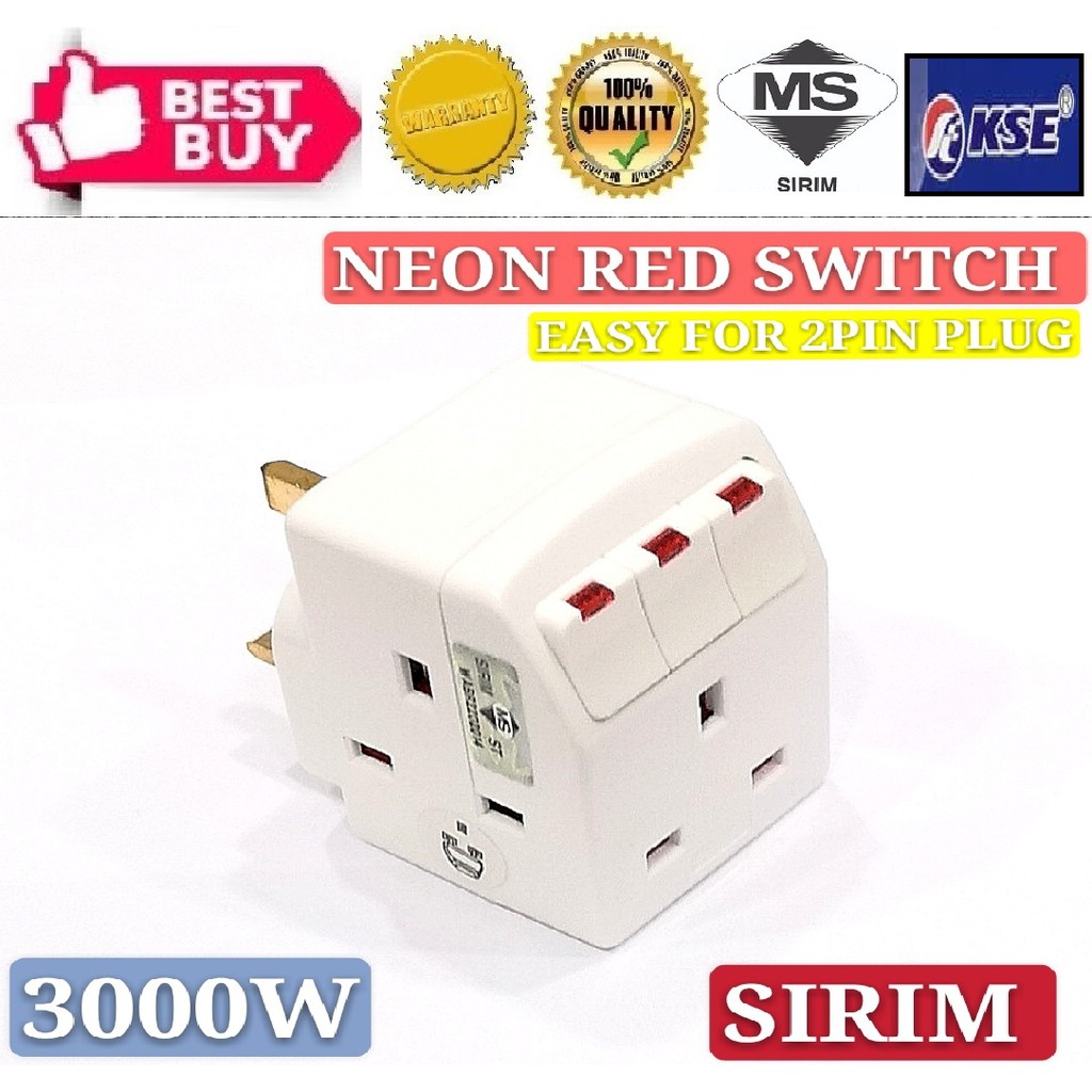 3 Way Multi Adaptor with Neon Switch (3000w) (SIRIM Approved) (Easy for ...