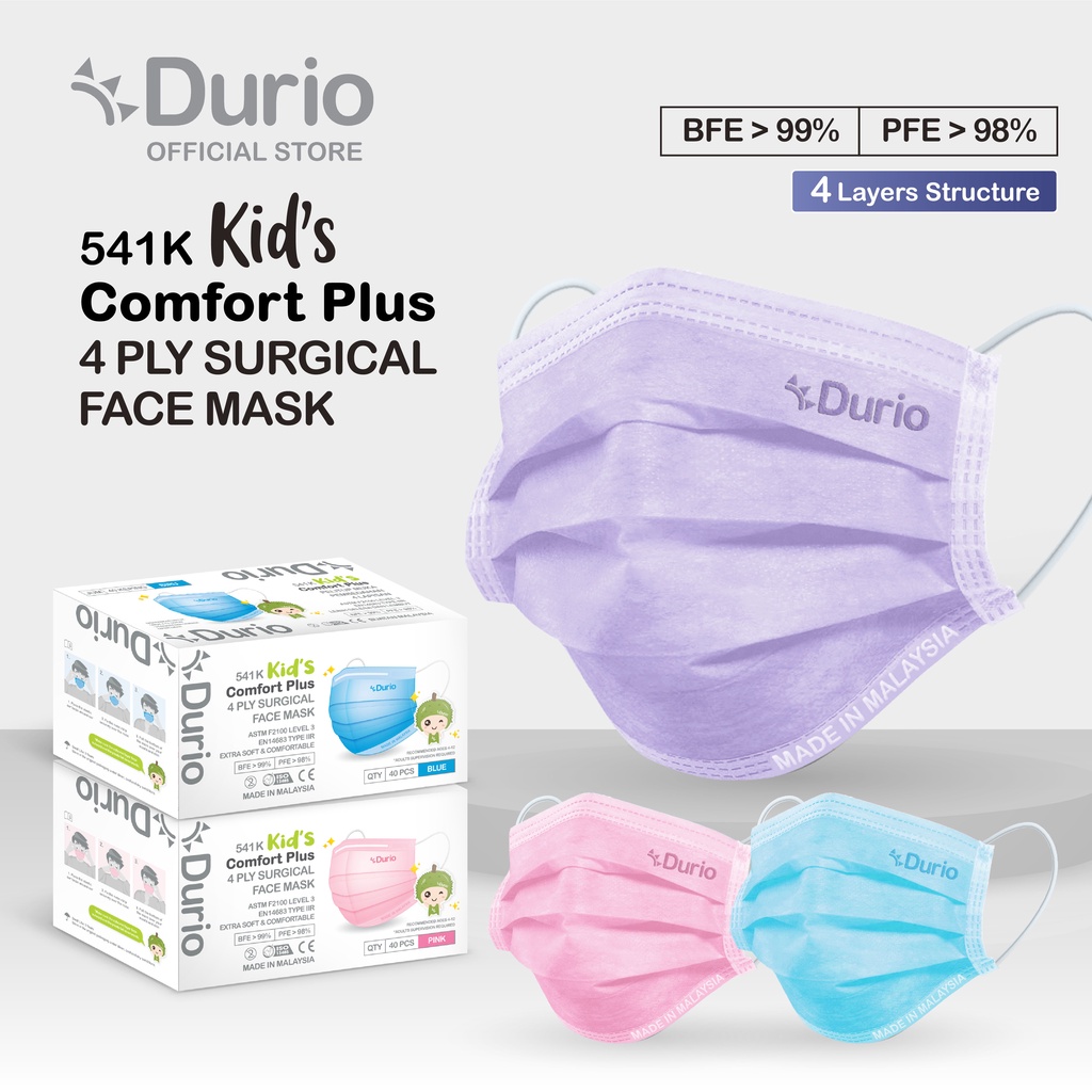 Durio 541K Kid's Comfort Plus 4 Ply Surgical Face Mask (40 Pcs ...