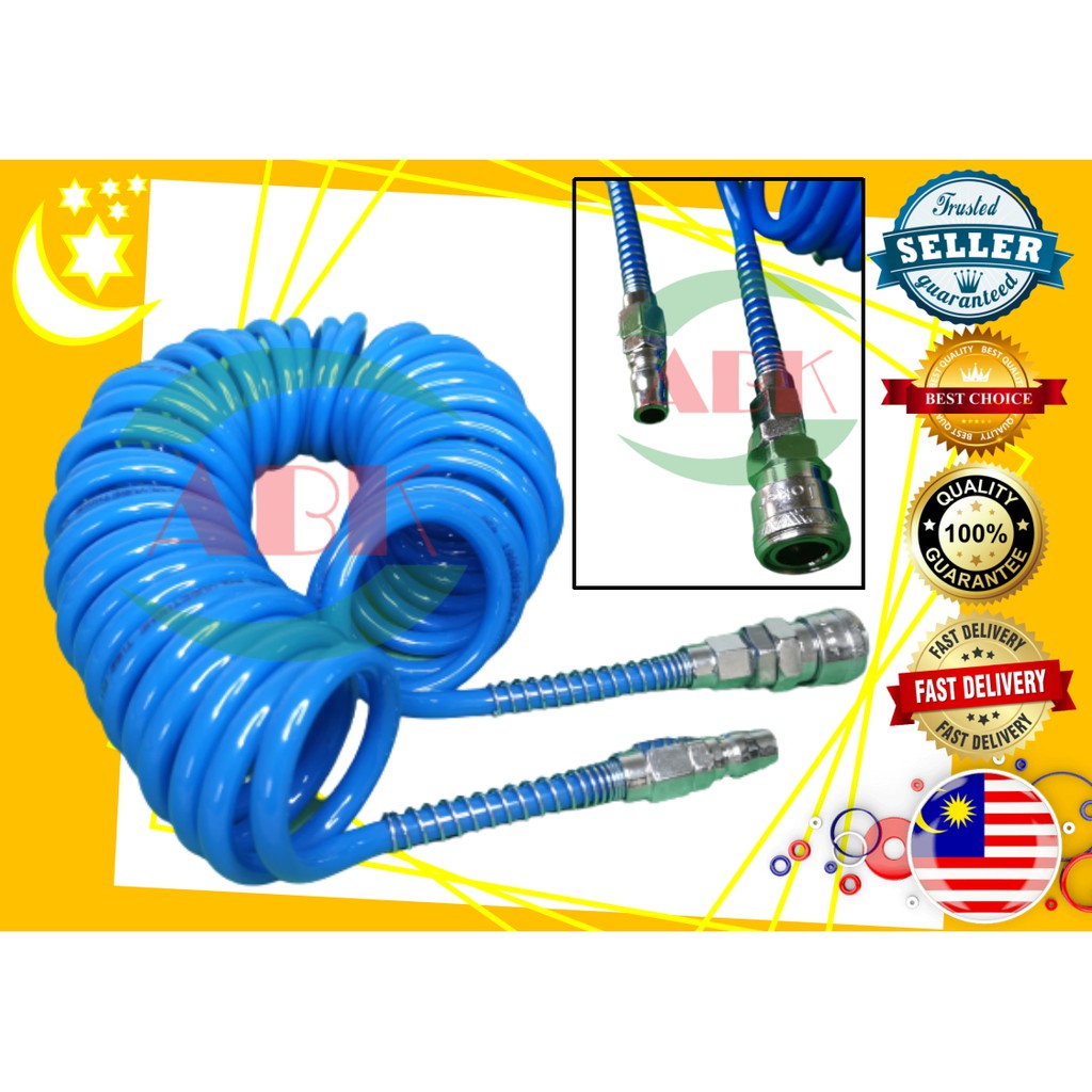 PNEUMATIC PU COIL FLEXIBLE AIR HOSE WITH SPRING COUPLER PIPE ANGIN (6M ...
