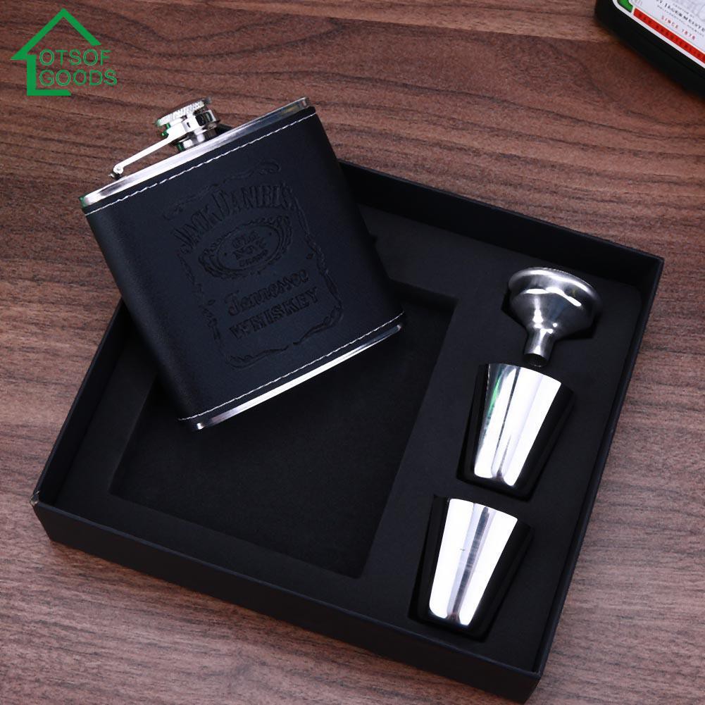 Stainless Steel Leather Whiskey Flagon Wine Bottle Hip Flask Set with ...