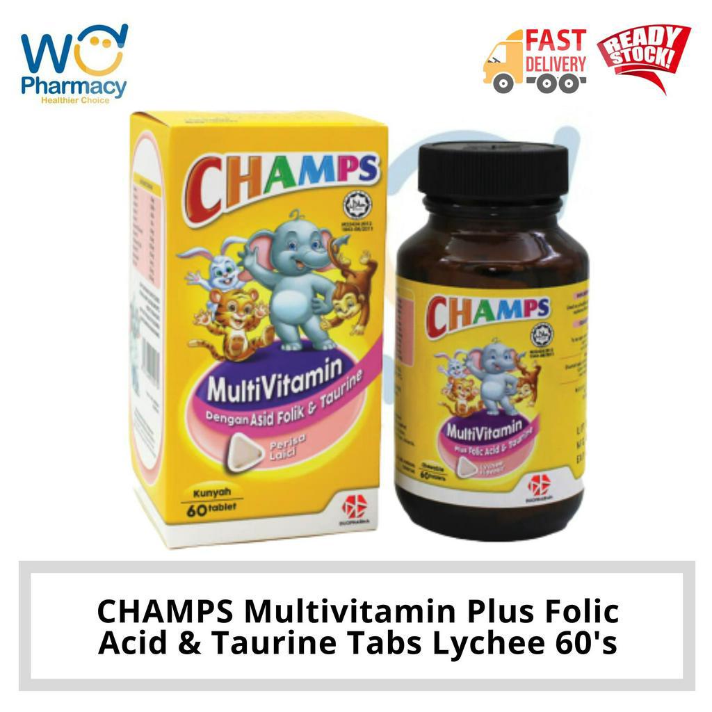 Champs Multivitamin Plus Folic Acid & Taurine Tabs Lychee 60's | Shopee ...