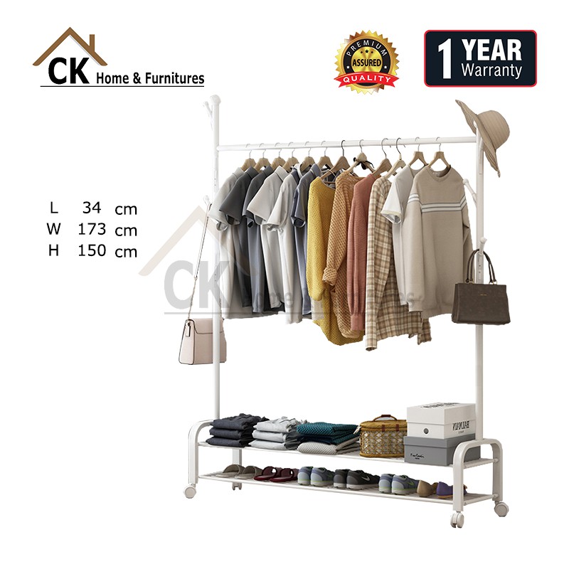 CK L150cm Clothes Rack Single Rail Double Layers With Hooks & Rollers ...