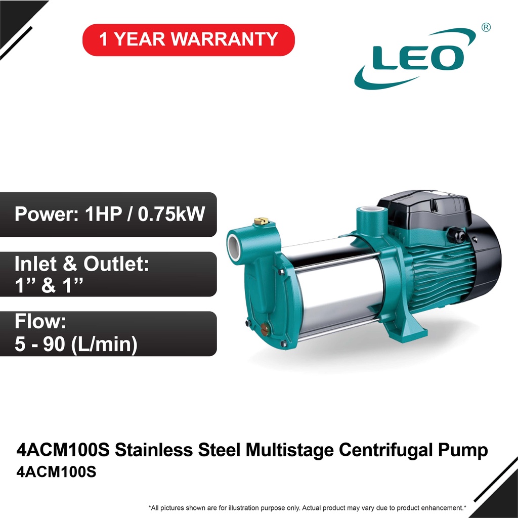 LEO 4ACM100S STAINLESS STEEL MULTISTAGE CENTRIFUGAL PUMP (1HP/0.75KW) [1 phase] | Shopee Malaysia
