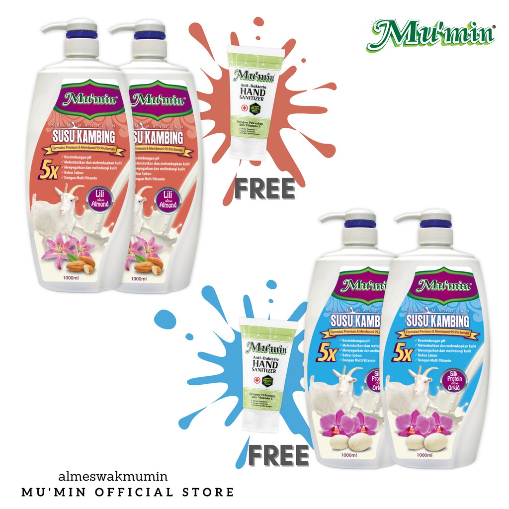 Mu'min Krim Mandian Susu Kambing 1000ml Twin Pack FOC Hand Sanitizer ...